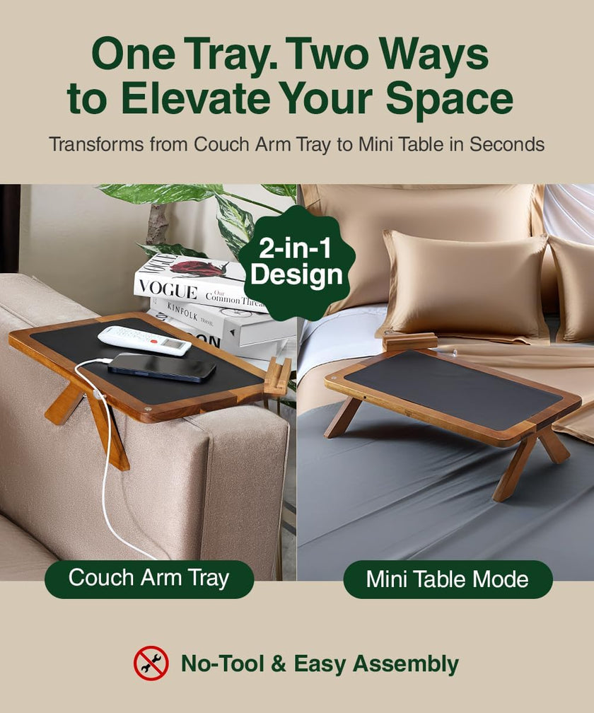 Acacia Couch Arm Tray/Mini Table – 2 in 1 Couch arm Table (15.3” x 9.8 ...