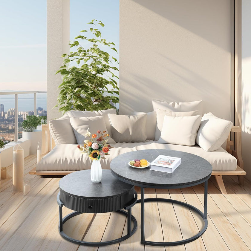 Round Nesting Coffee Tables Set: Gray Marble End Tables Set of 2 - Mod ...
