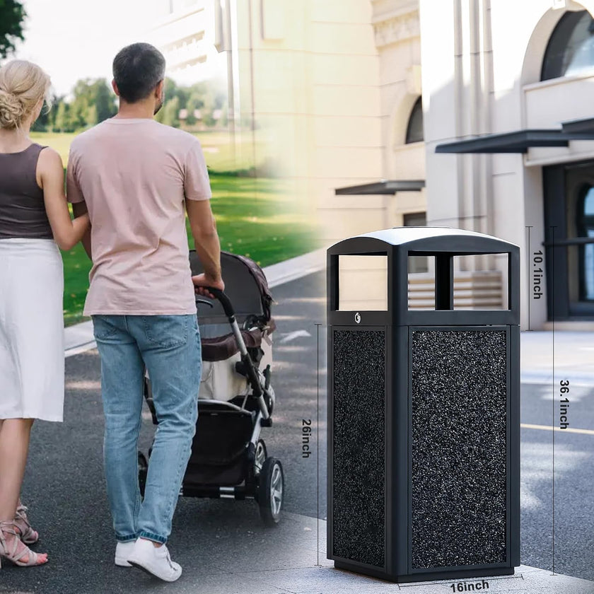 Commercial Metal Outdoor Trash Can with Lid, Lockable Outdoor Garbage ...