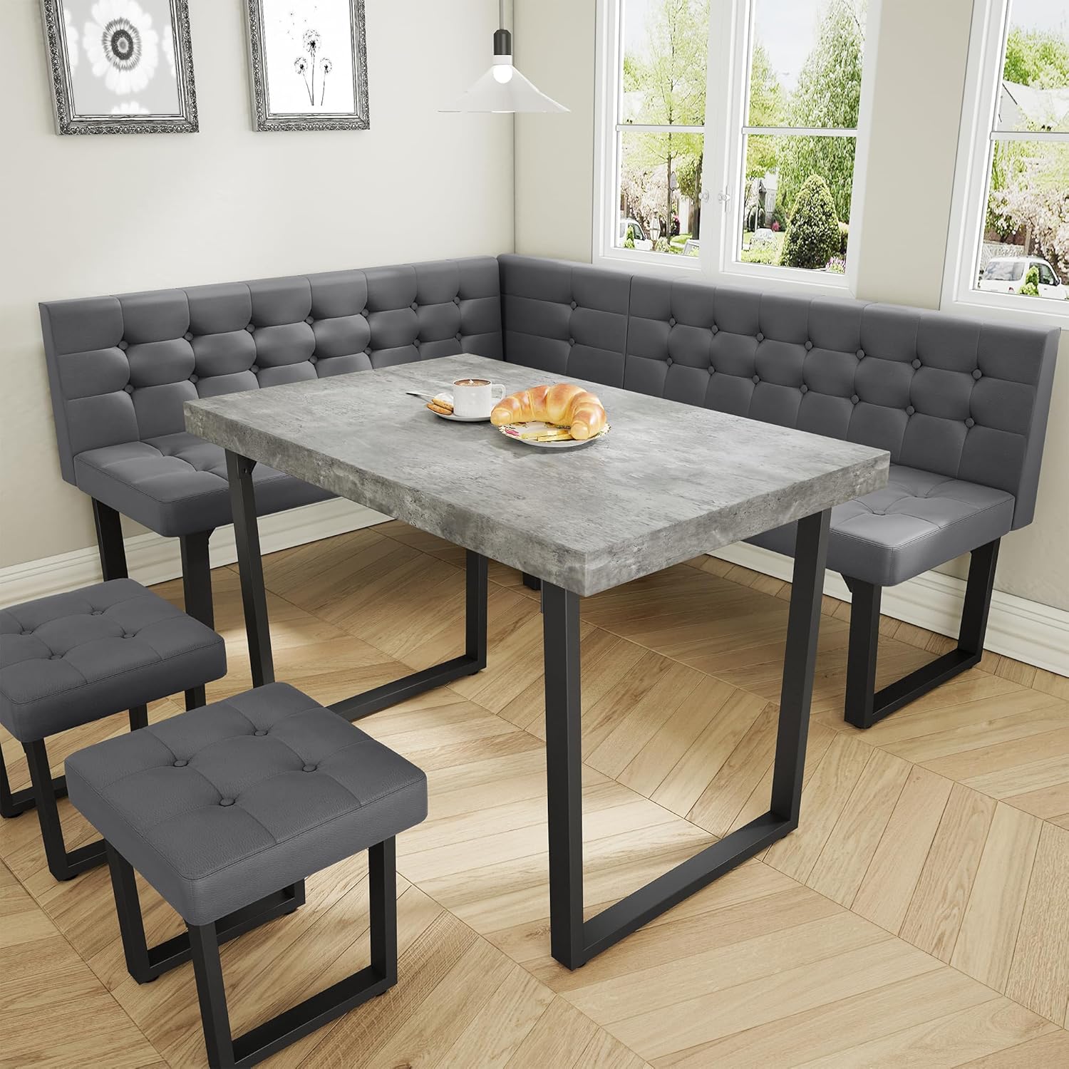 Breakfast Nook Table Set with Gray Upholstered Banquette Seating, 71.6 ...