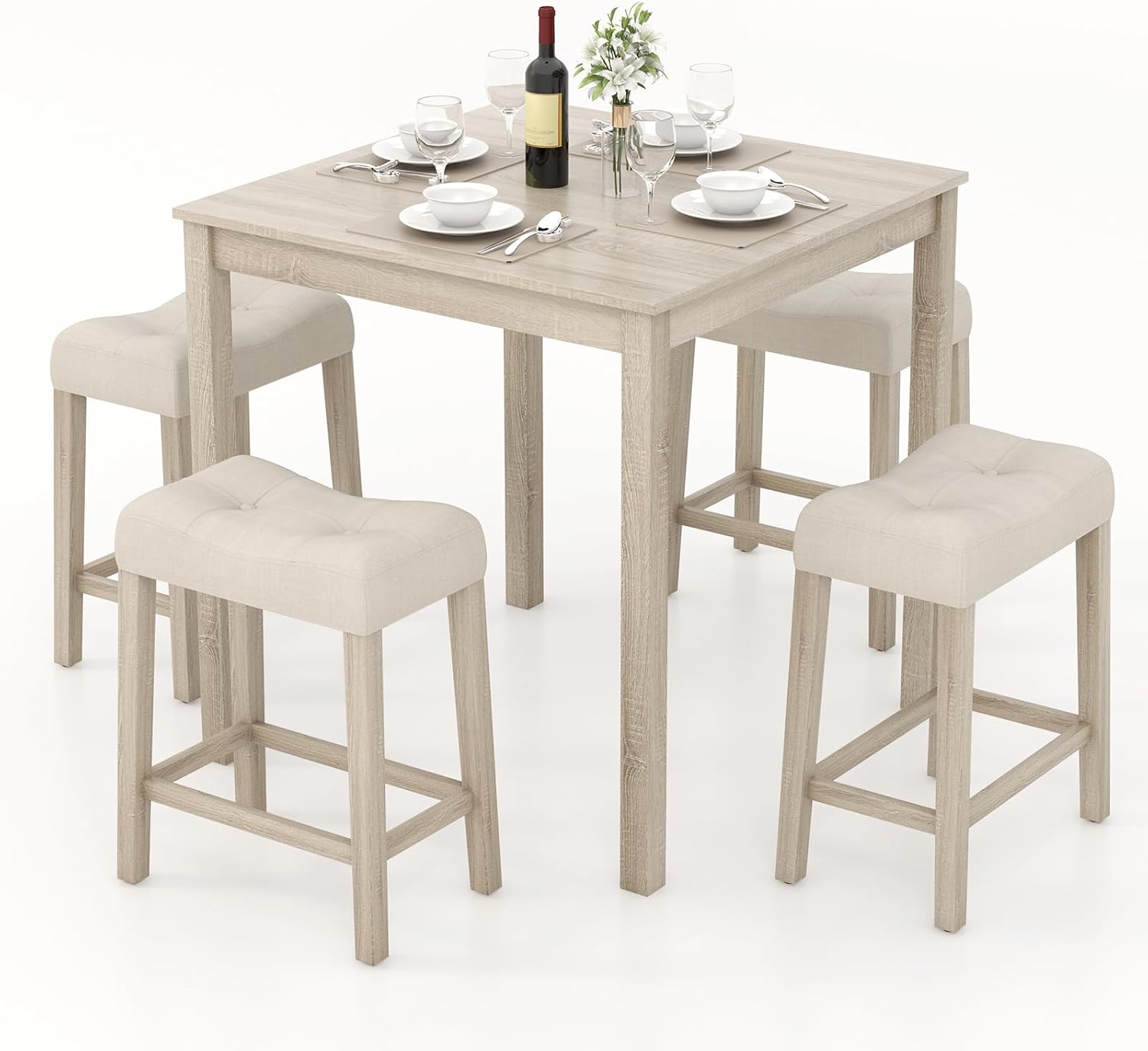 COSTWAY 5-Piece Bar Table Set, Square Breakfast Set for 4 w/Padded Sto ...