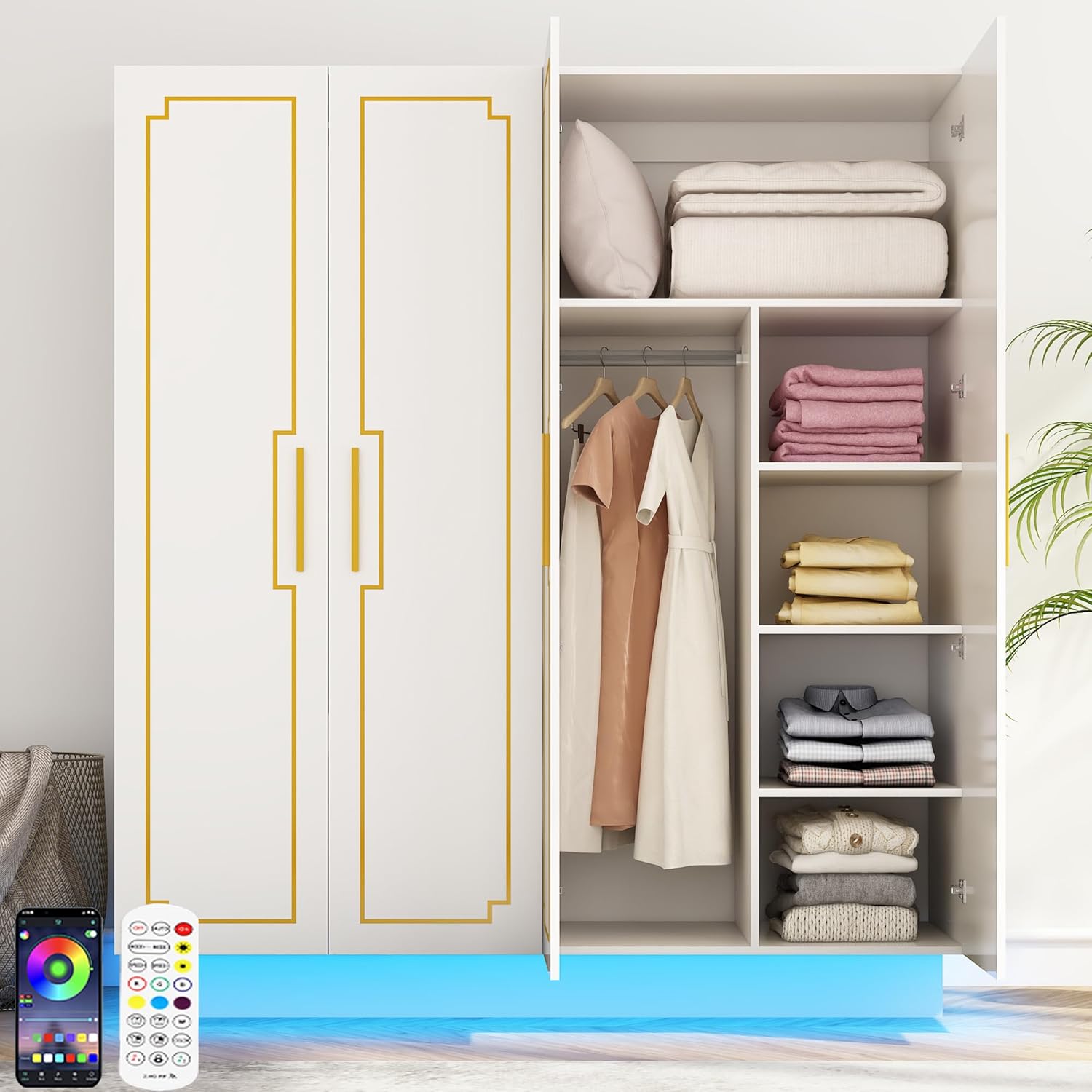Modern 70in LED 2 Doors Armoires Wardrobe Closet&Cabinet with Hanging ...