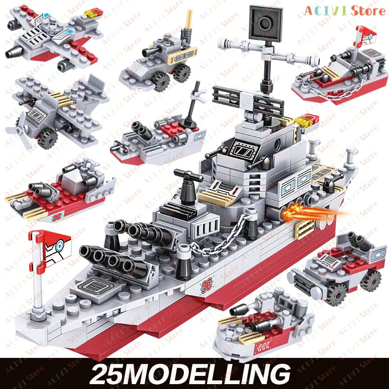 Navy War Chariot Ship Army Boat Plane Model Warships Building Blocks C ...