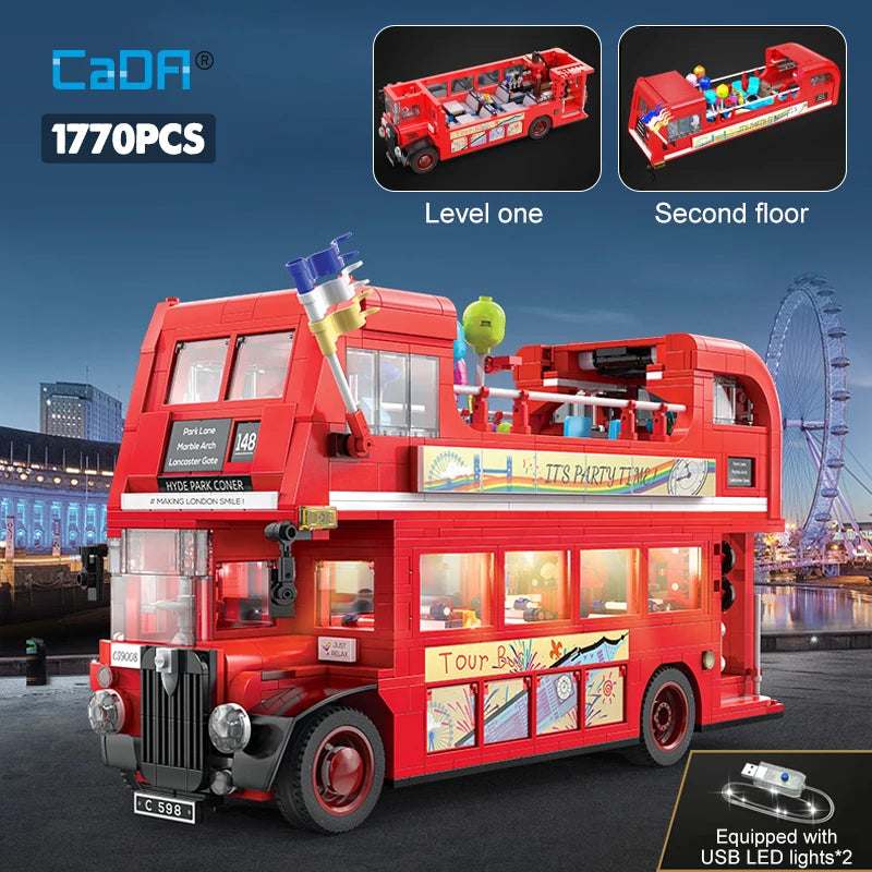 1770 Pcs Cada London Double Deck Bus Building Blocks Red Balloon Light ...