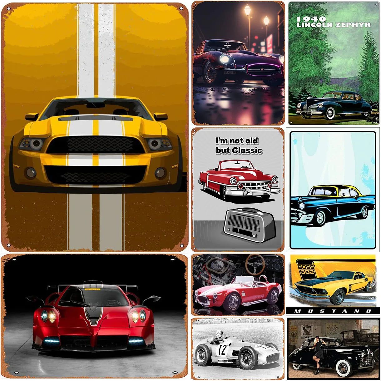 Vintage Car Metal Tin Signs Benz Mustang Posters Plate Wall Decor for ...