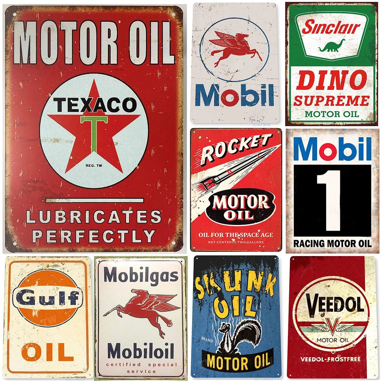 Vintage Metal Tin Signs Gulf Esso Agip Texaco Sinclair Mobile Man Cave ...